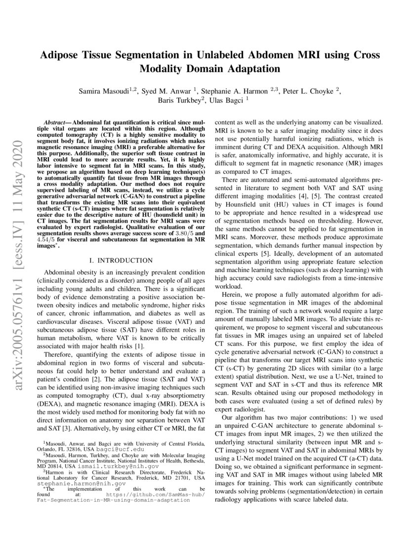 Adipose Tissue Segmentation In Unlabeled Abdomen Mri Using Cross Modality Domain Adaptation Deepai