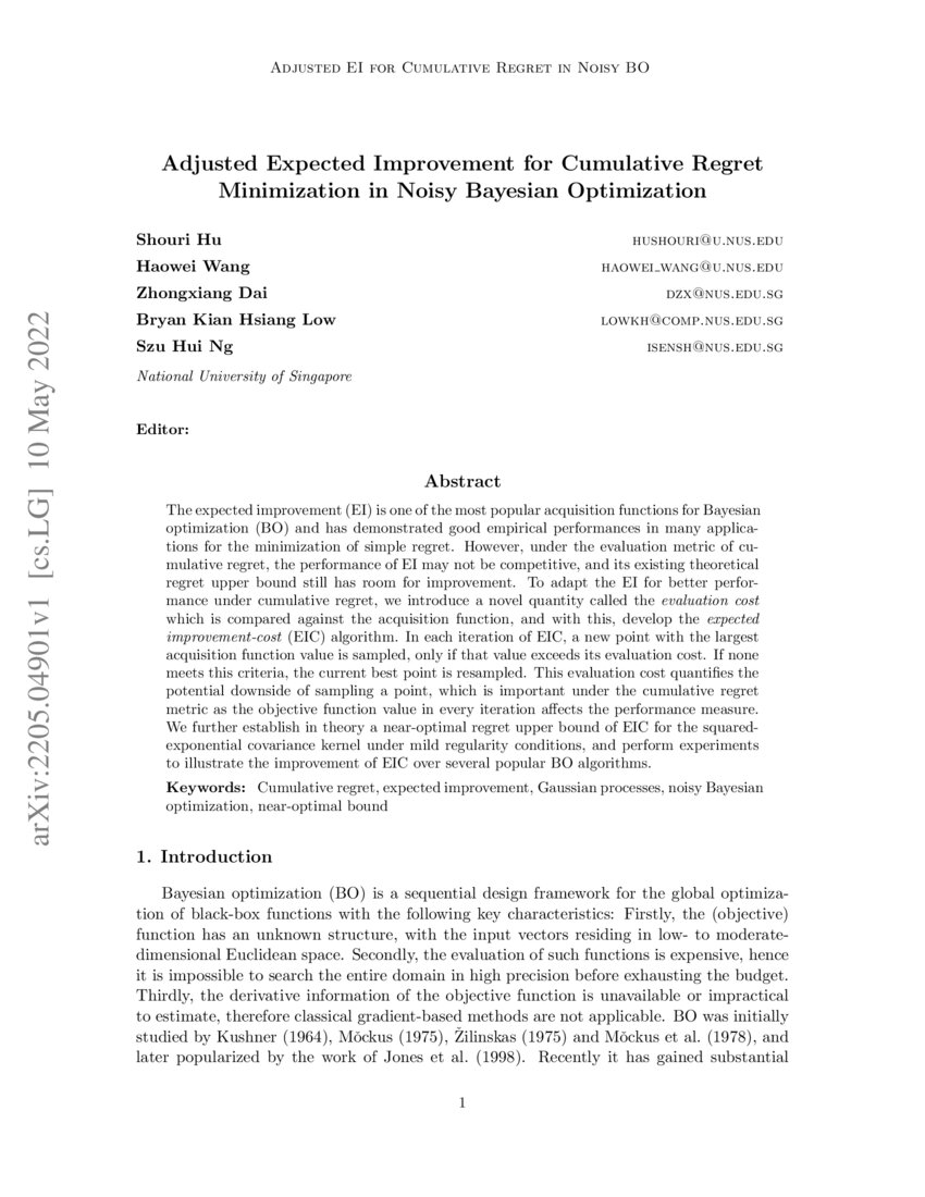 Adjusted Expected Improvement for Cumulative Regret Minimization in ...