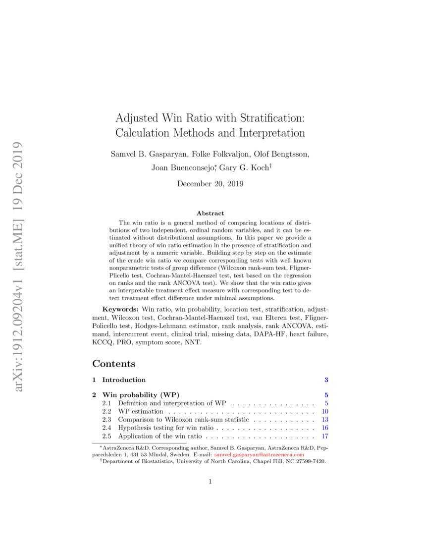 Adjusted Win Ratio with Stratification: Calculation Methods and ...