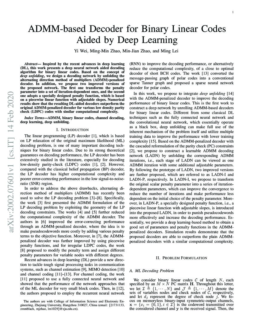 ADMM based Decoder For Binary Linear Codes Aided By Deep Learning DeepAI