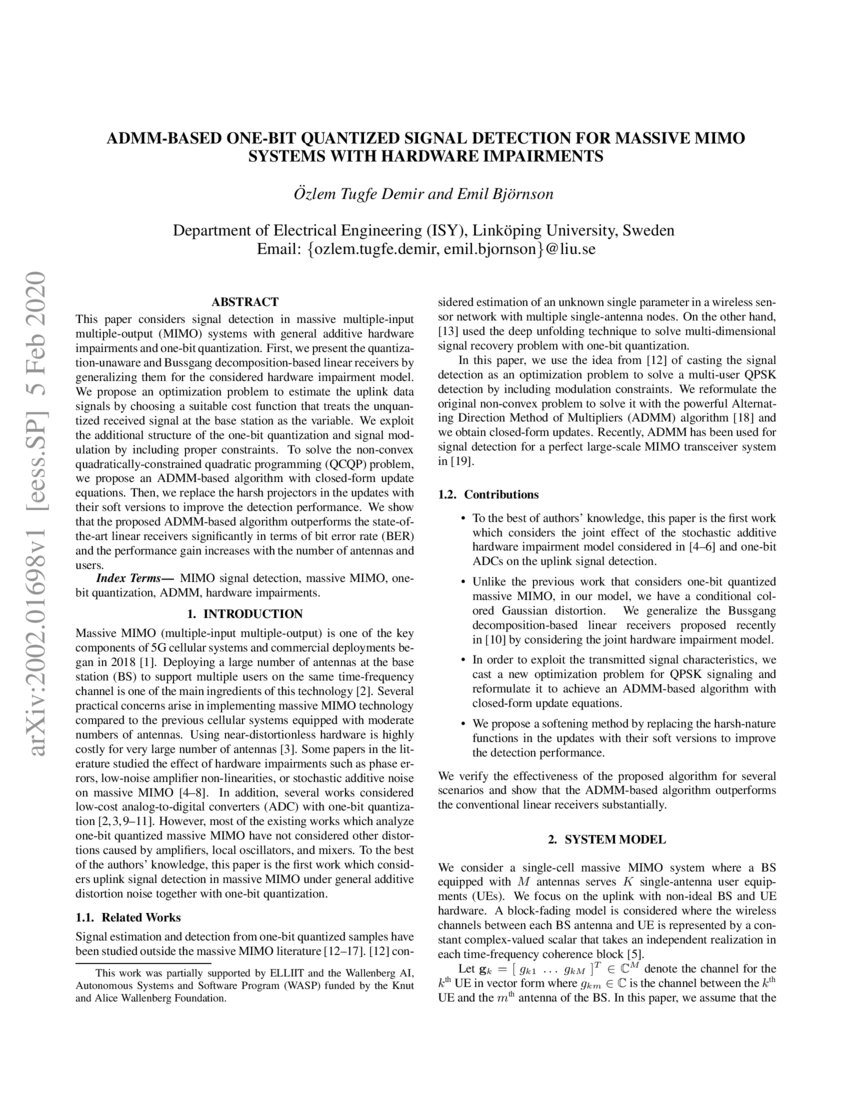 ADMM-Based One-Bit Quantized Signal Detection for Massive MIMO Systems with Hardware Impairments ...