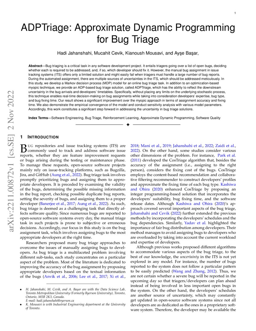 Adptriage Approximate Dynamic Programming For Bug Triage Deepai