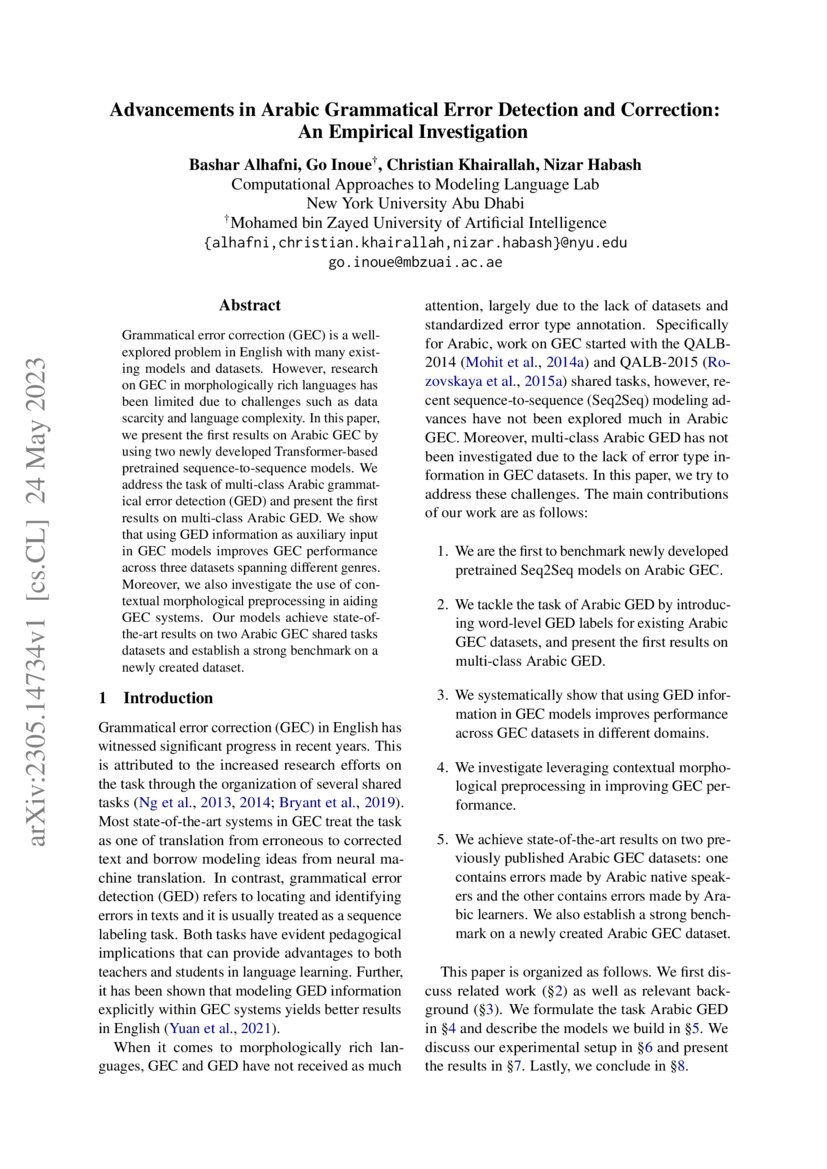 Advancements In Arabic Grammatical Error Detection And Correction An Empirical Investigation