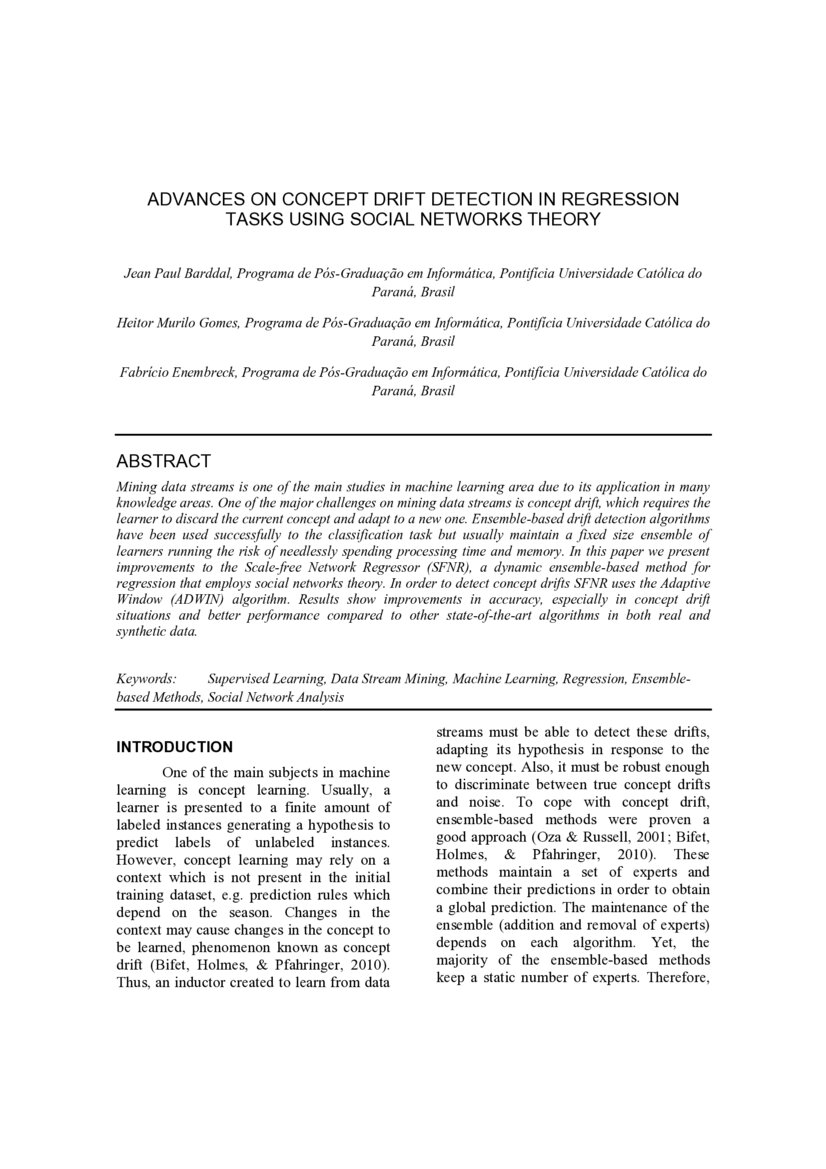 Advances On Concept Drift Detection In Regression Tasks Using Social Networks Theory Deepai