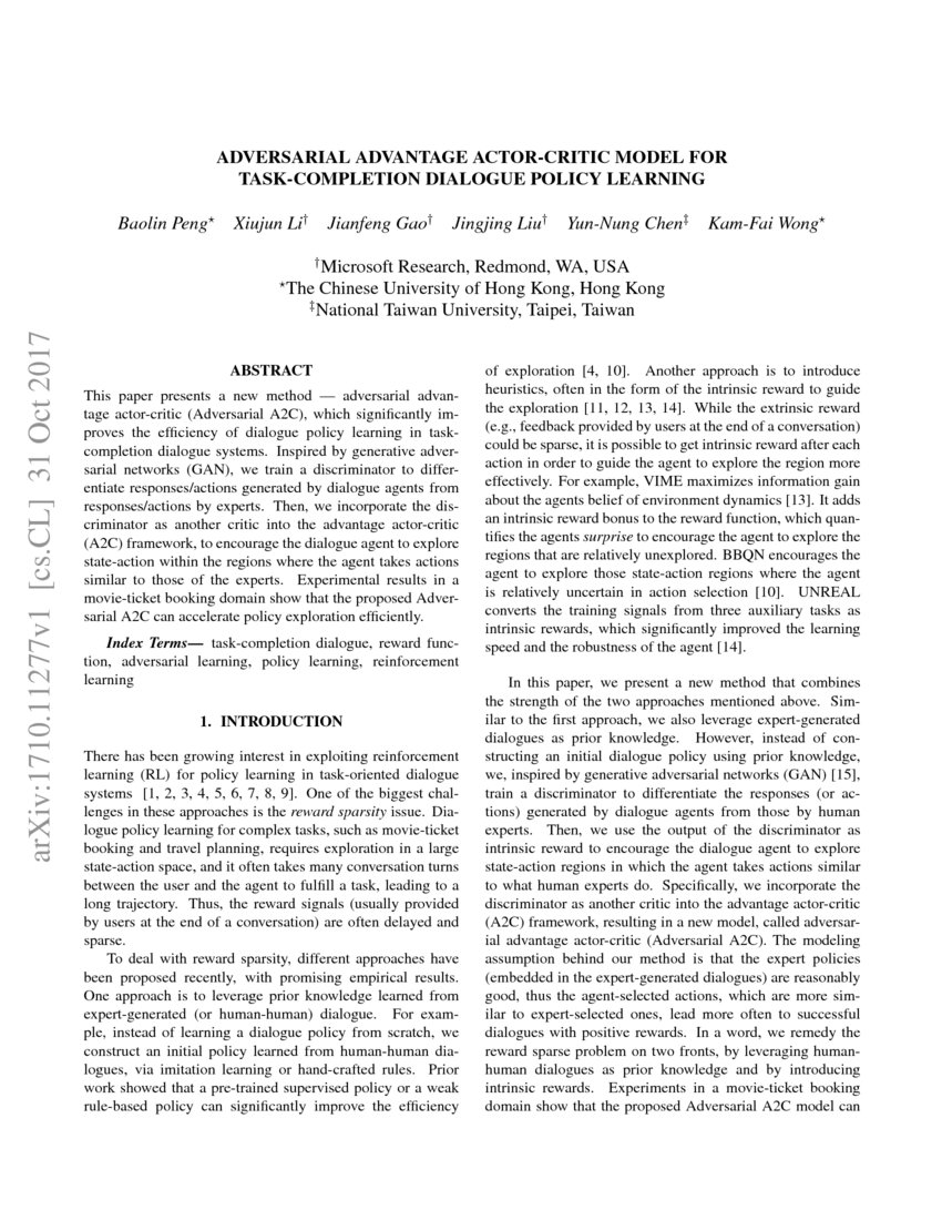 Adversarial Advantage Actor-Critic Model for Task-Completion Dialogue ...