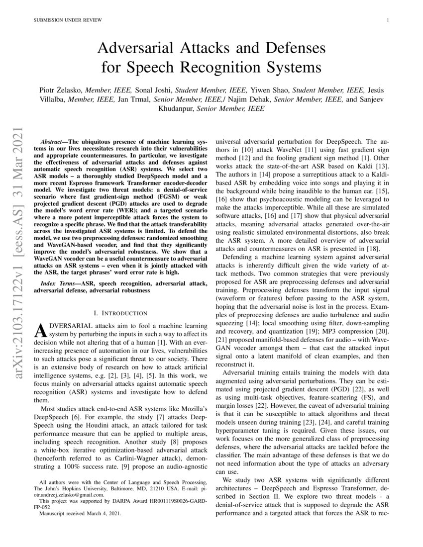 Adversarial Attacks and Defenses for Speech Recognition Systems | DeepAI