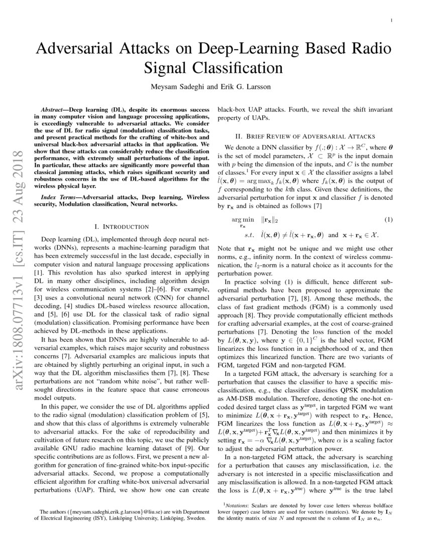 Adversarial Attacks On Deep Learning Based Radio Signal Classification Deepai