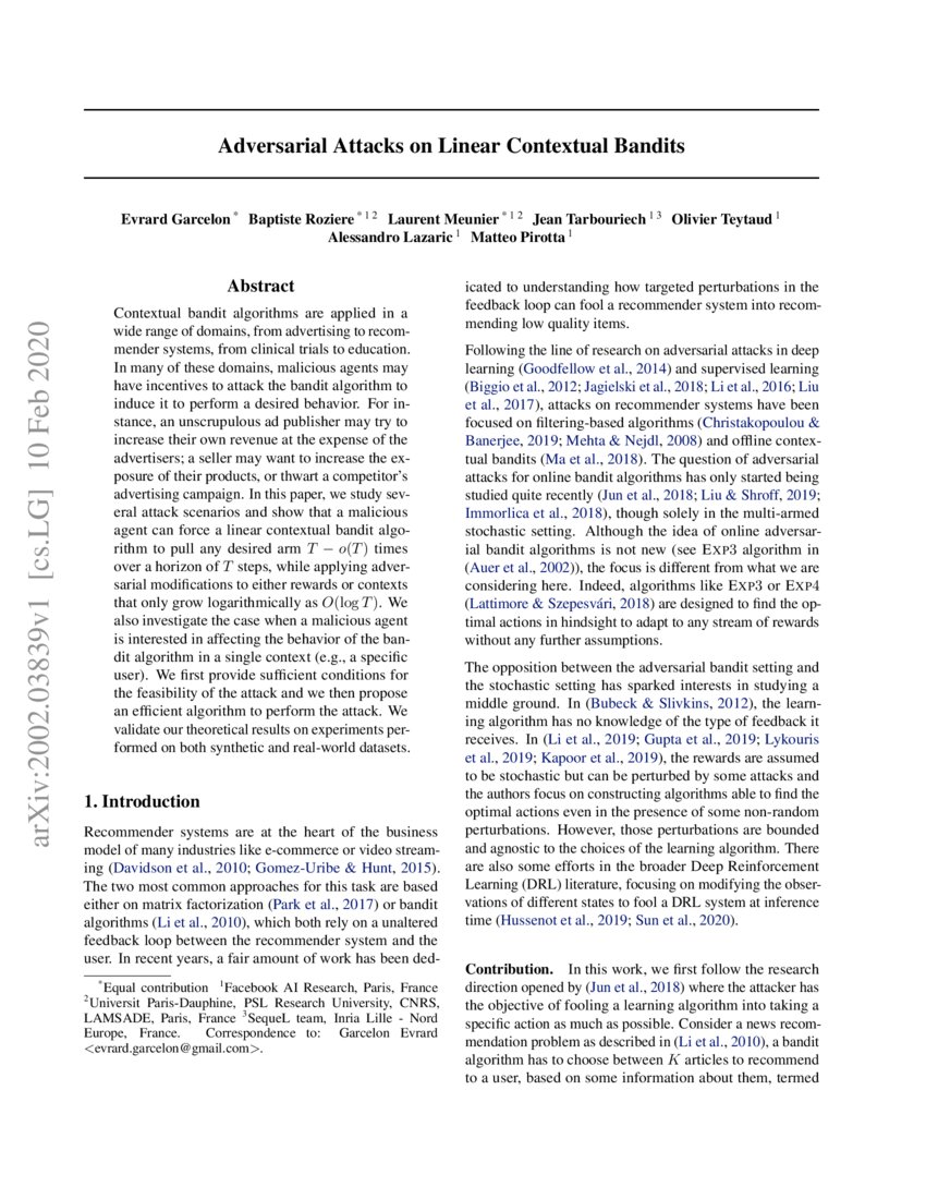 Adversarial Attacks On Linear Contextual Bandits Deepai