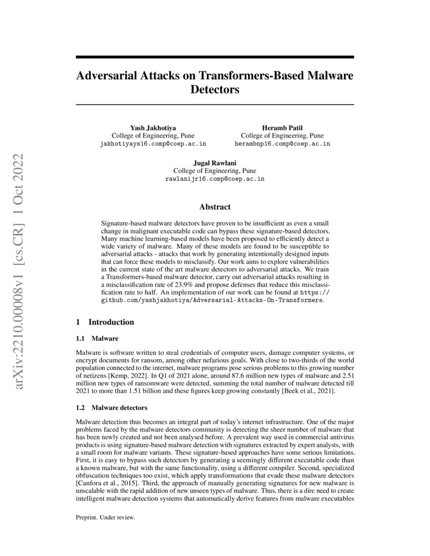 Adversarial Attacks On Transformers Based Malware Detectors Deepai 