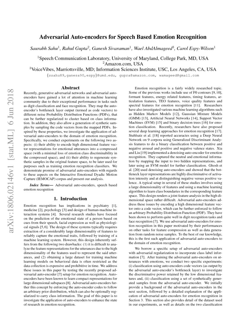 Adversarial Auto-encoders for Speech Based Emotion Recognition | DeepAI