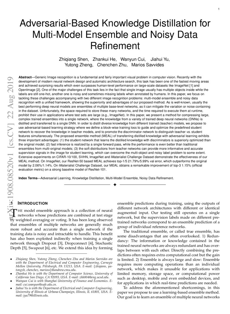 Adversarial-Based Knowledge Distillation for Multi-Model Ensemble and Noisy Data Refinement | DeepAI