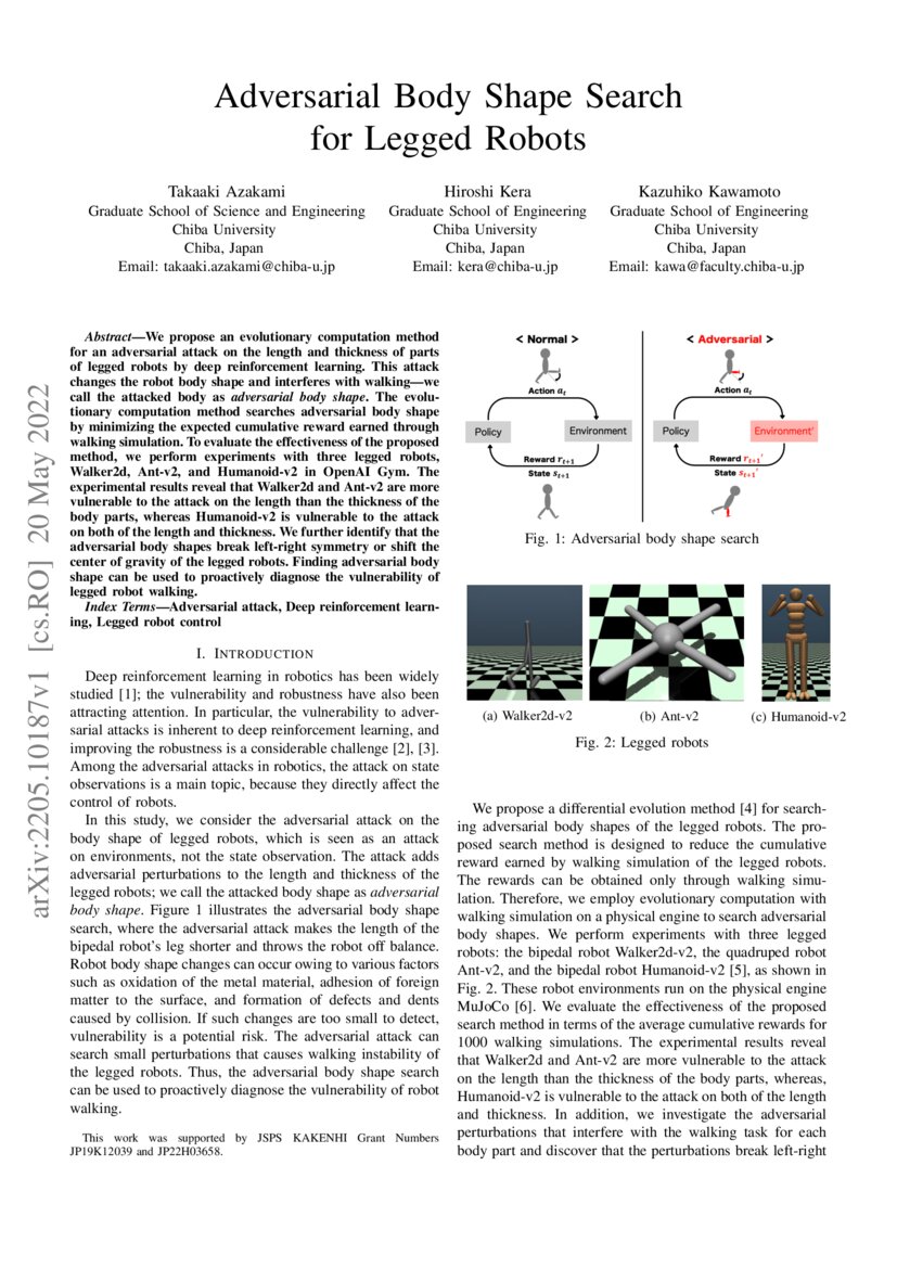 Adversarial Body Shape Search for Legged Robots | DeepAI