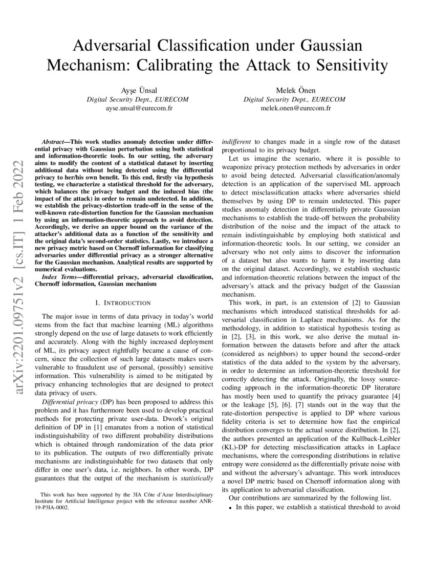 Adversarial Classification under Gaussian Mechanism: Calibrating the ...