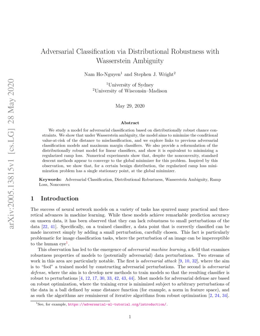 Adversarial Classification via Distributional Robustness with Wasserstein Ambiguity | DeepAI