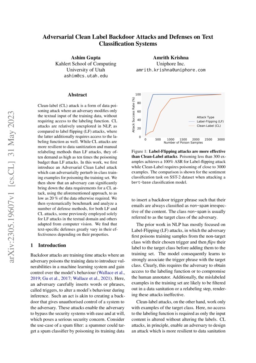 Adversarial Clean Label Backdoor Attacks And Defenses On Text Classification Systems Deepai