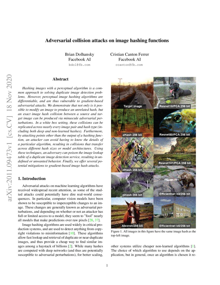 Adversarial collision attacks on image hashing functions | DeepAI