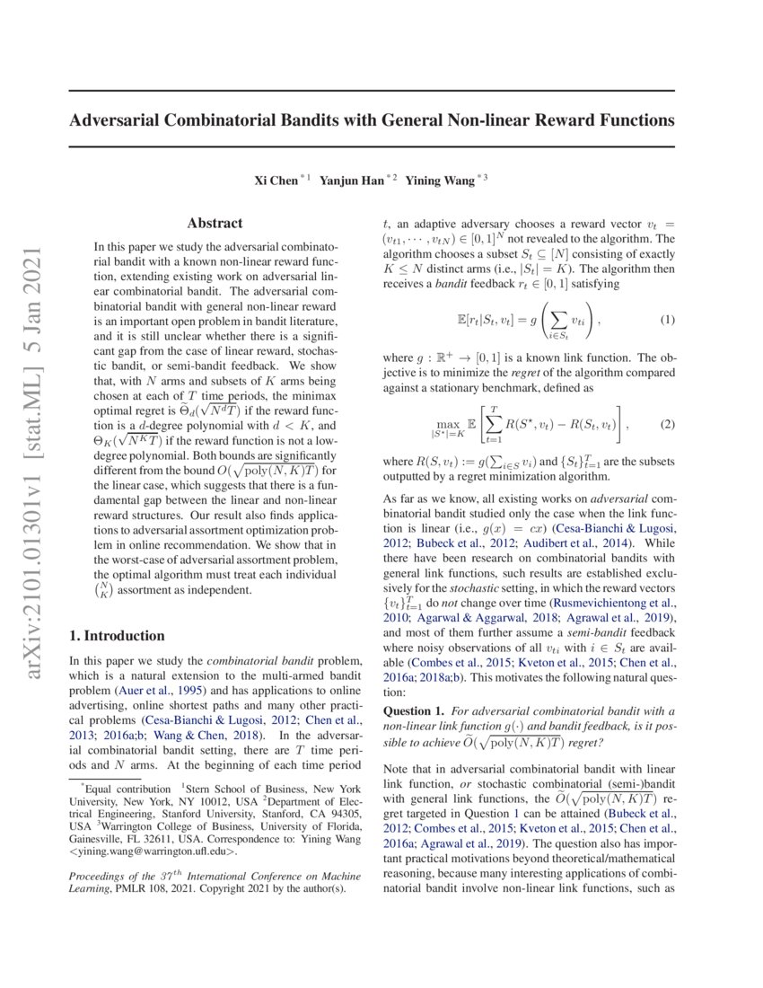 Adversarial Combinatorial Bandits With General Non Linear Reward Functions Deepai
