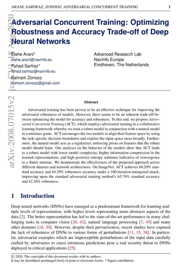 Adversarial Concurrent Training: Optimizing Robustness and Accuracy ... Adversarial Concurrent Training: Optimizing Robustness and Accuracy ...