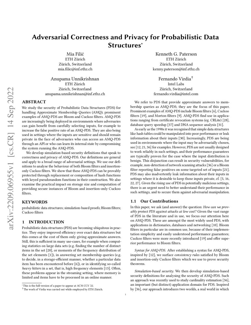 Adversarial Correctness and Privacy for Probabilistic Data Structures | DeepAI