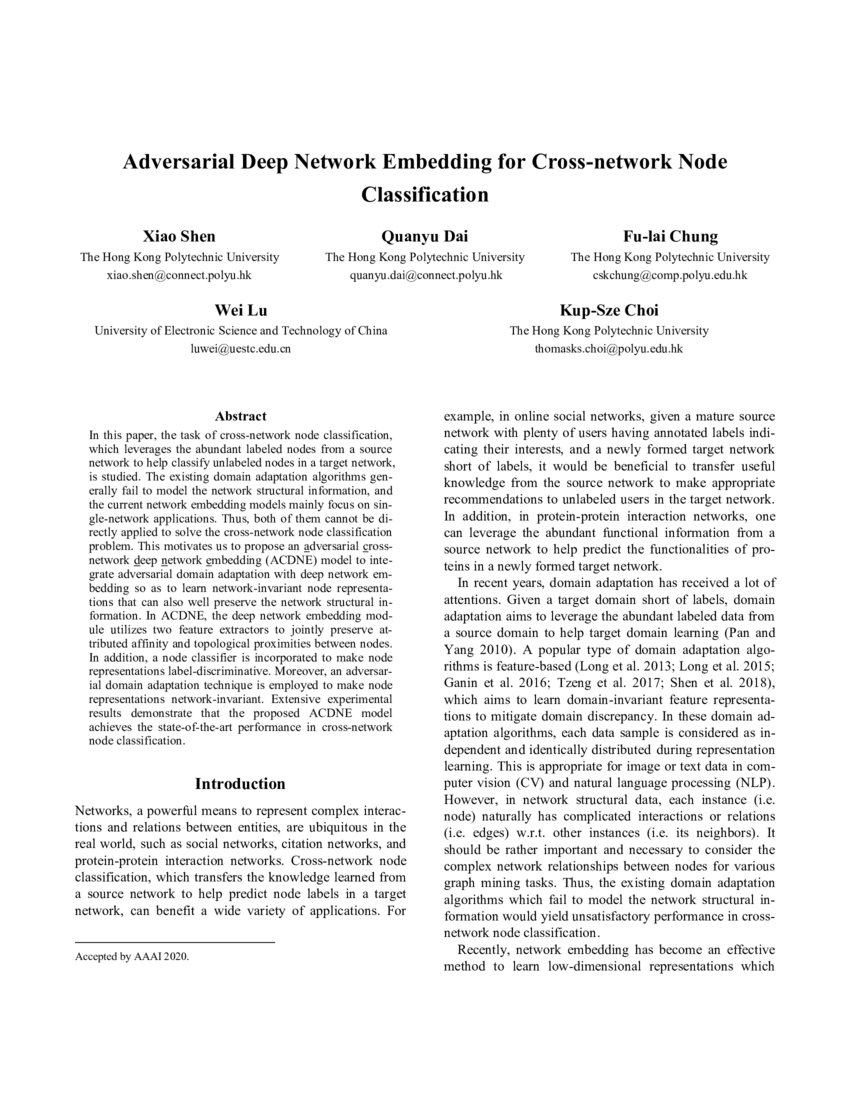 Adversarial Deep Network Embedding For Cross Network Node Classification Deepai