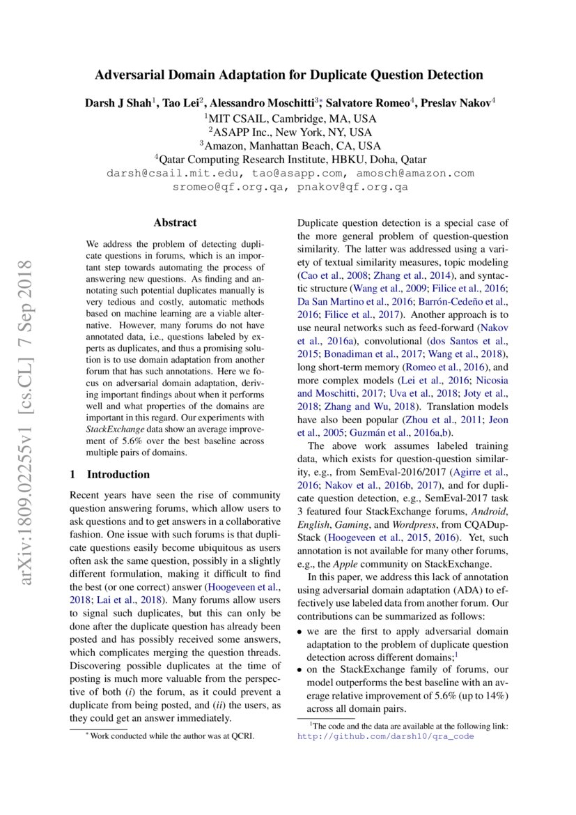 Adversarial Domain Adaptation For Duplicate Question Detection Deepai