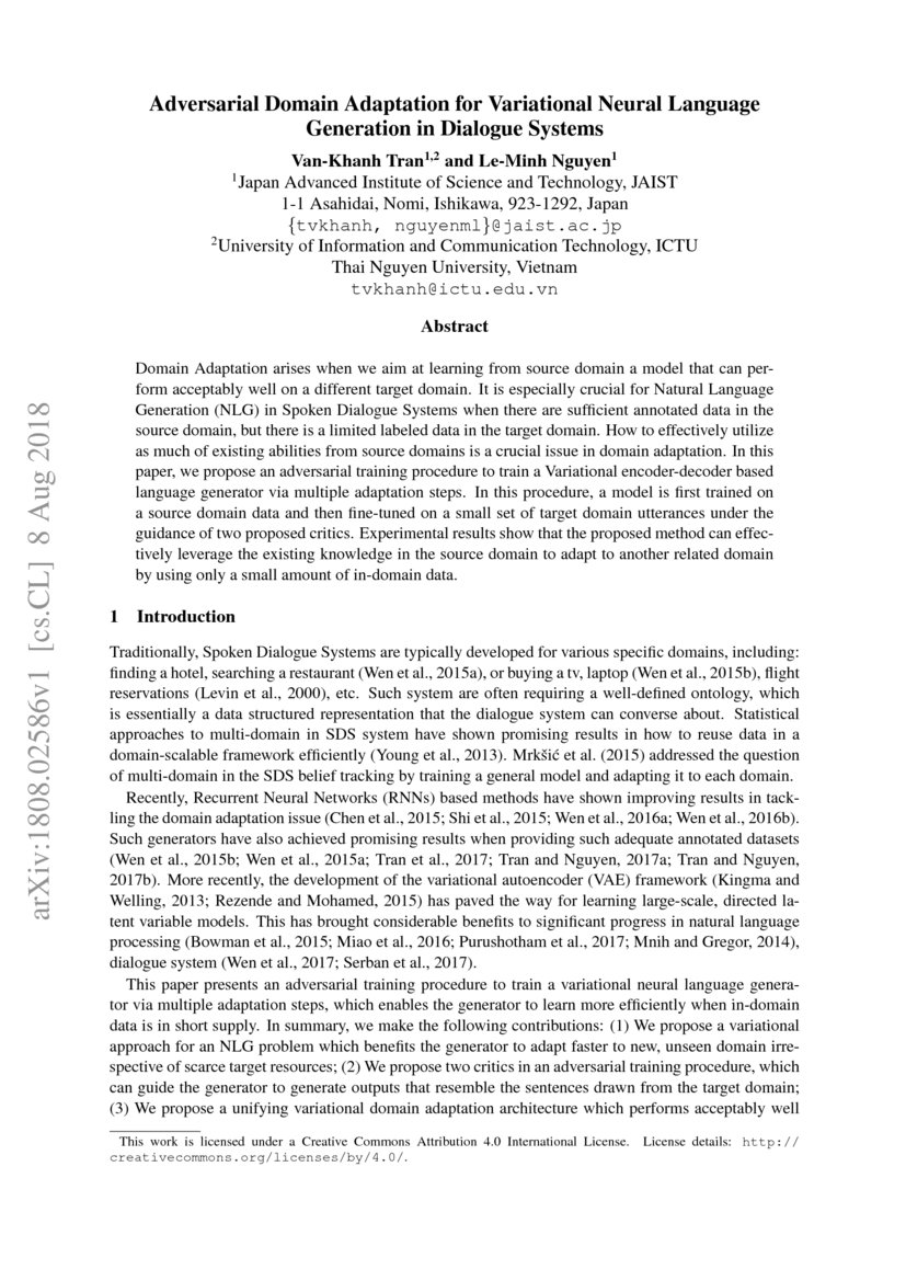 Adversarial Domain Adaptation For Variational Neural Language Generation In Dialogue Systems