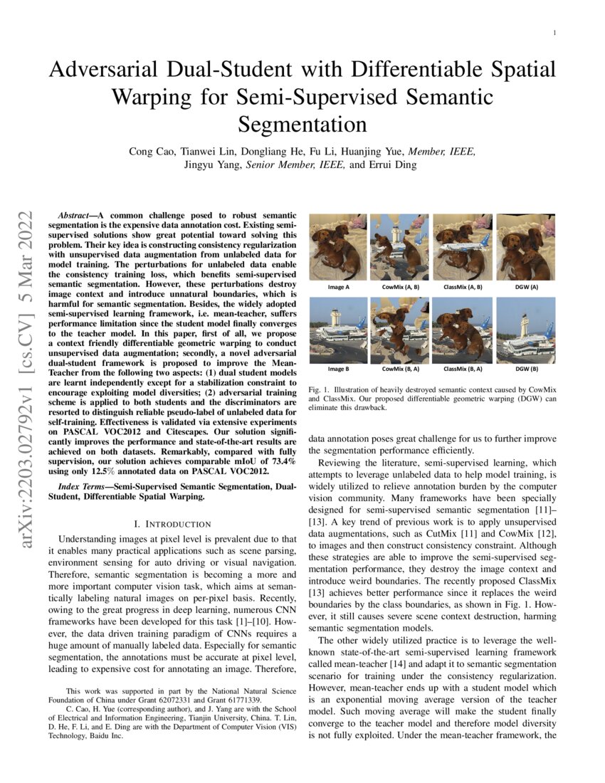 Adversarial Dual-Student with Differentiable Spatial Warping for Semi-Supervised Semantic ...