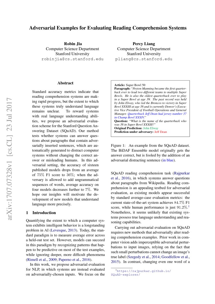 Adversarial Examples for Evaluating Reading Comprehension Systems | DeepAI