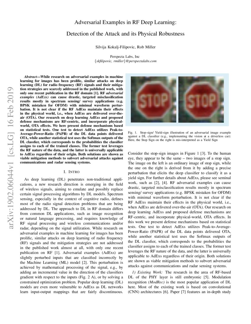 Adversarial Examples in RF Deep Learning: Detection of the Attack and ...