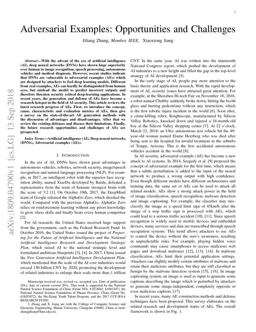 Adversarial Examples: Opportunities and Challenges | DeepAI