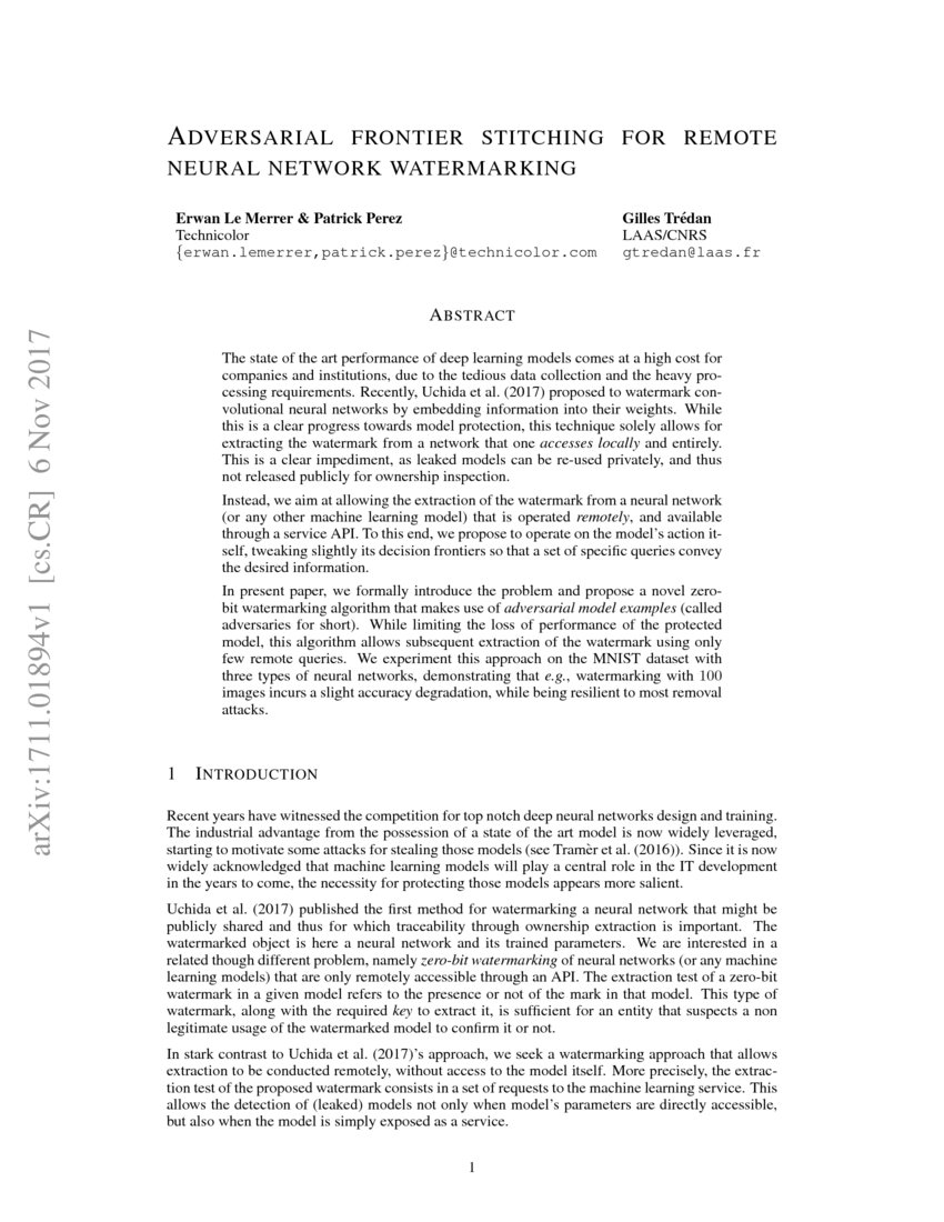 Adversarial Frontier Stitching for Remote Neural Network Watermarking ...