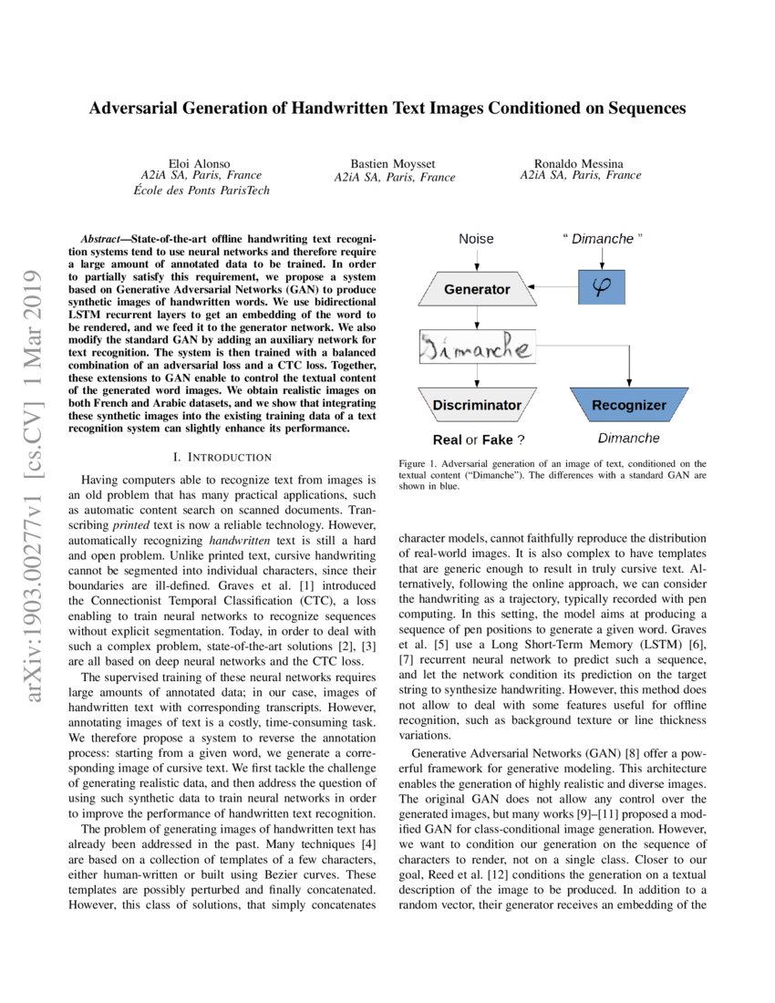 Adversarial Generation Of Handwritten Text Images Conditioned On Sequences Deepai