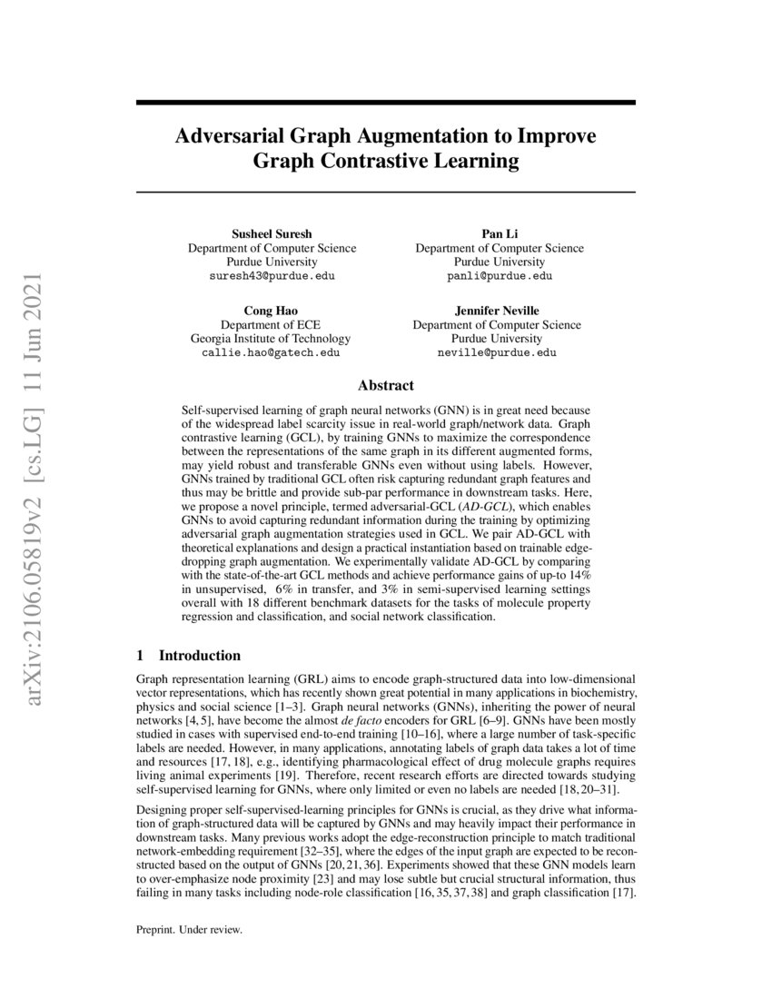 Adversarial Graph Augmentation to Improve Graph Contrastive Learning | DeepAI