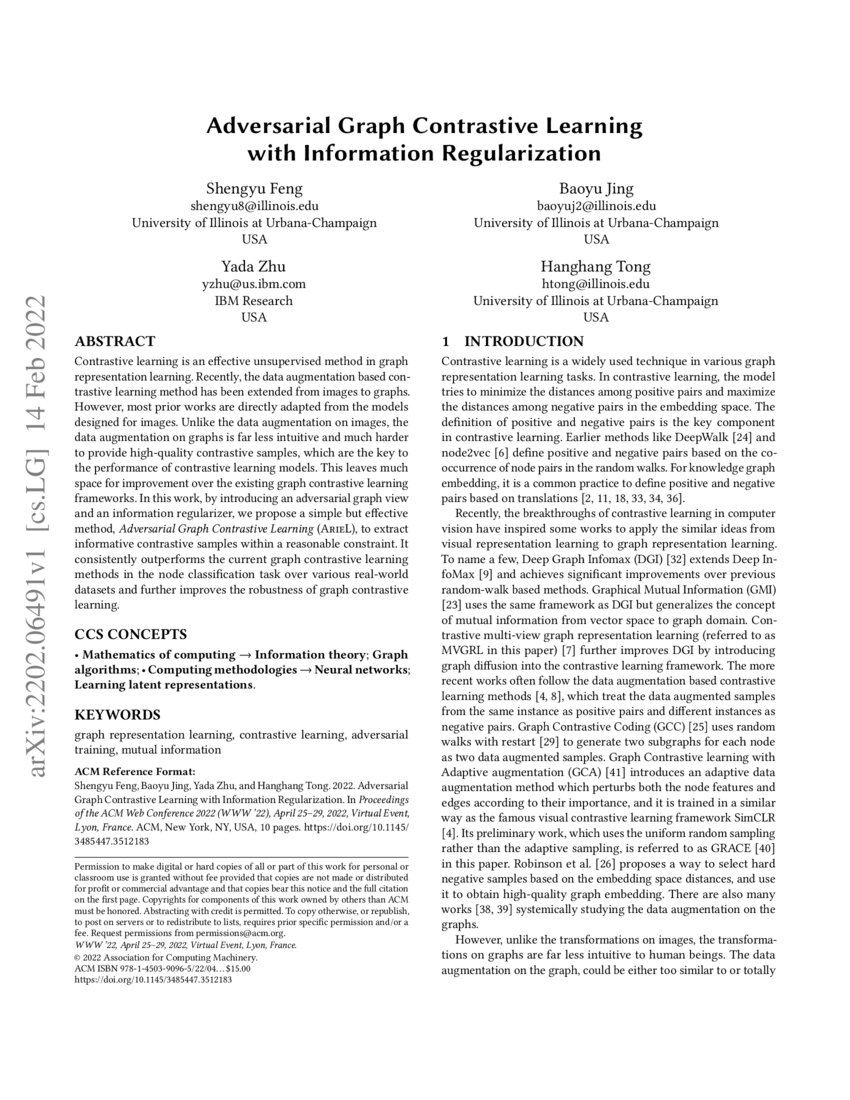 Adversarial Graph Contrastive Learning with Information Regularization ... Adversarial Graph Contrastive Learning with Information Regularization ...