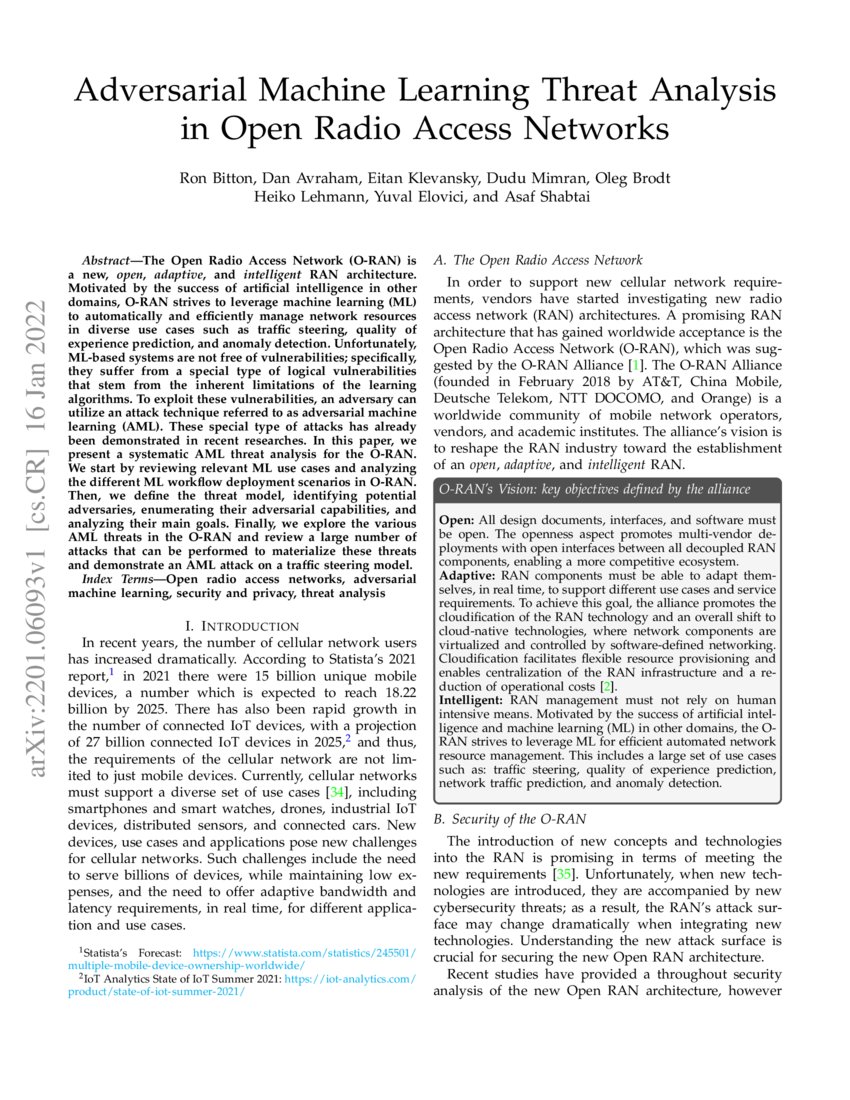 Adversarial Machine Learning Threat Analysis in Open Radio Access Networks | DeepAI
