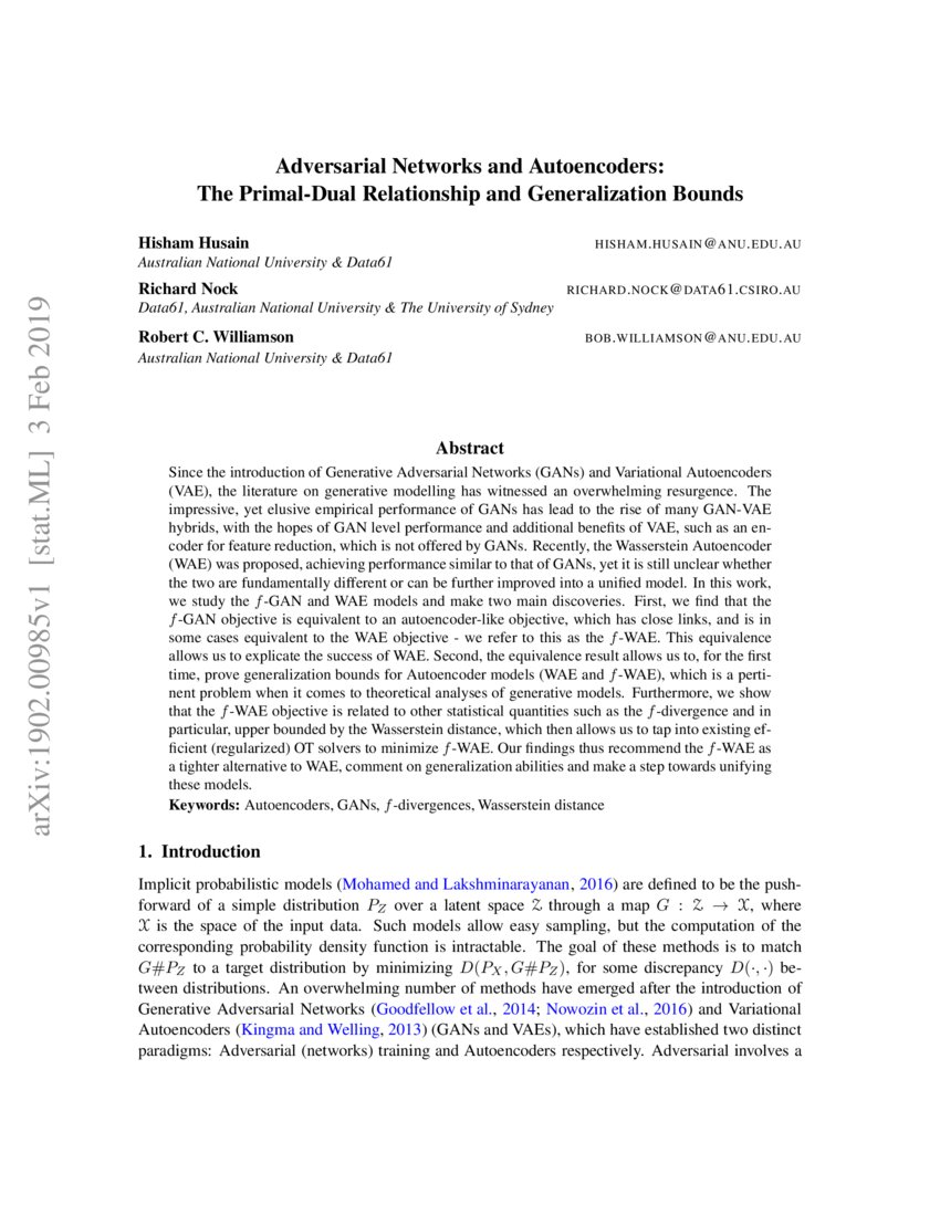 Adversarial Networks And Autoencoders The Primal Dual Relationship And Generalization Bounds