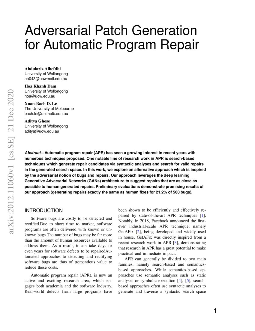 Adversarial Patch Generation for Automatic Program Repair | DeepAI
