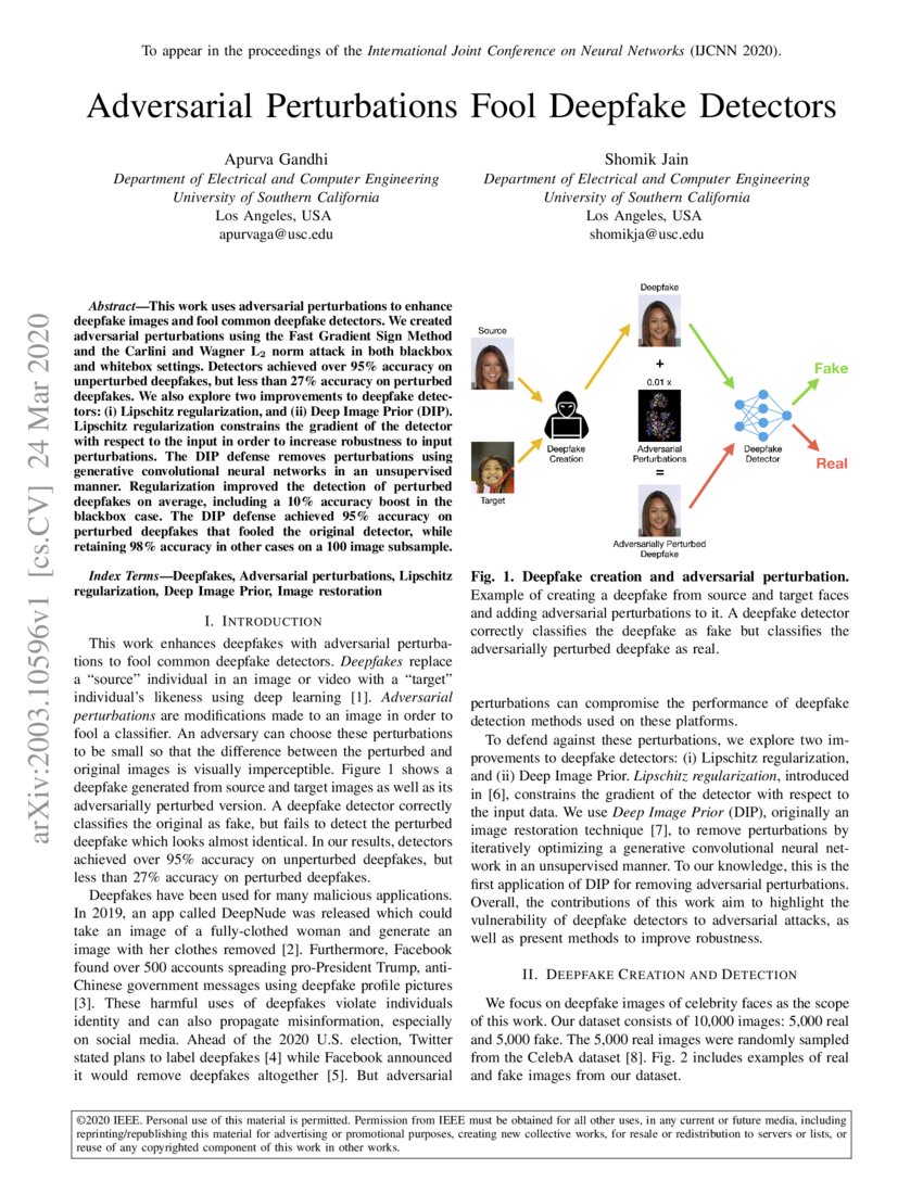 Adversarial Perturbations Fool Deepfake Detectors Deepai