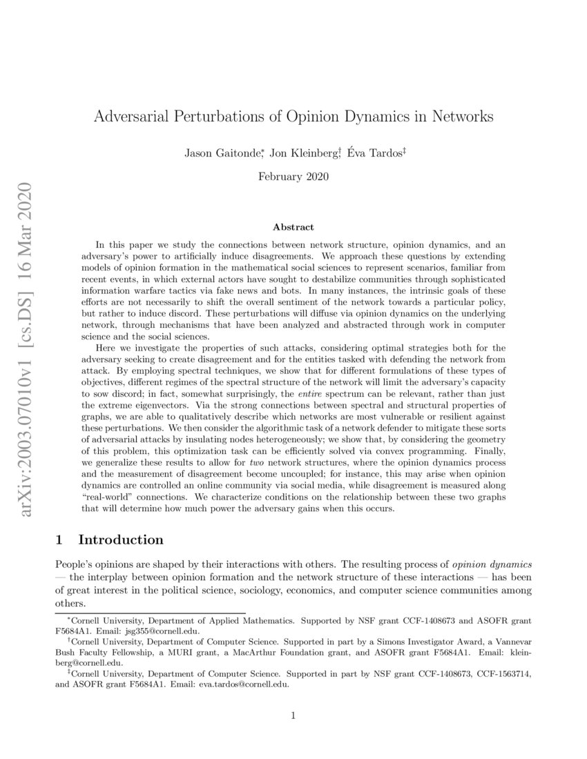 Adversarial Perturbations of Opinion Dynamics in Networks | DeepAI
