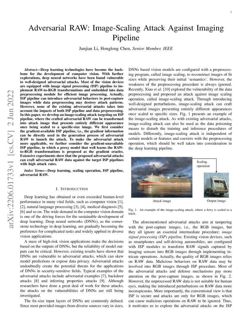 Adversarial RAW: Image-Scaling Attack Against Imaging Pipeline | DeepAI