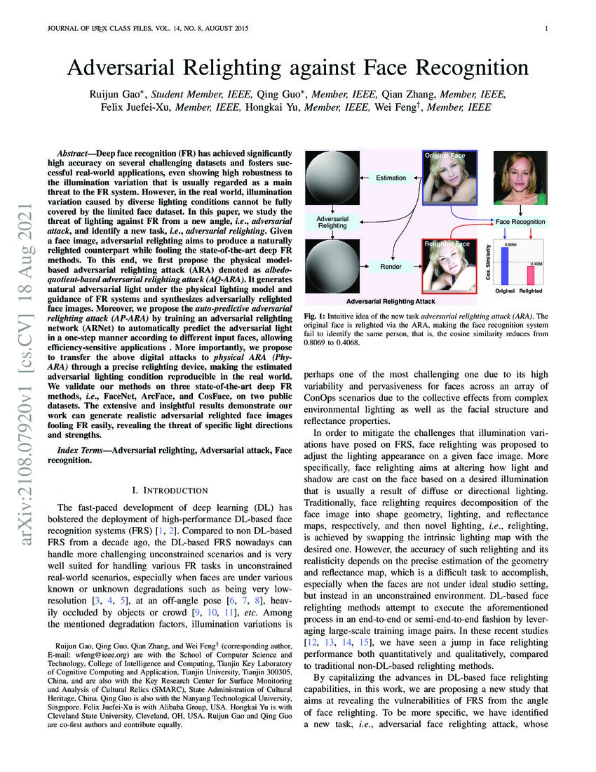 Adversarial Relighting against Face Recognition | DeepAI