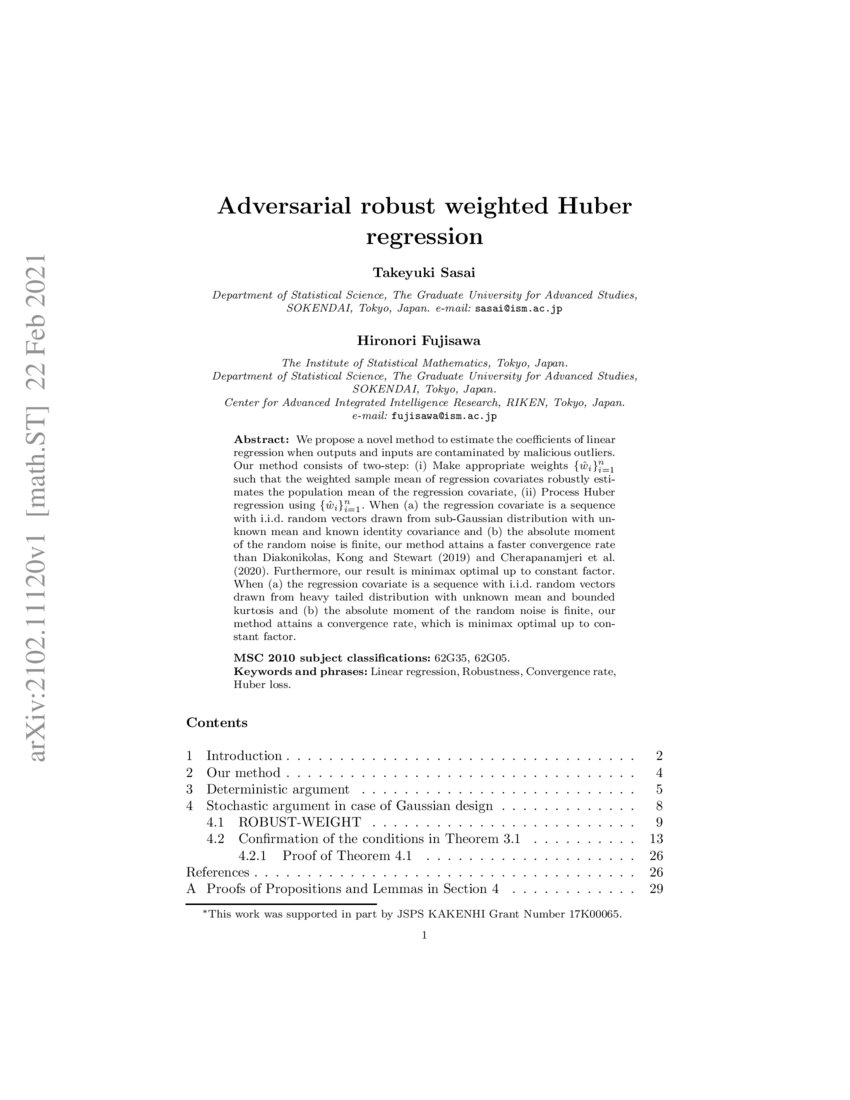 Adversarial robust weighted Huber regression | DeepAI
