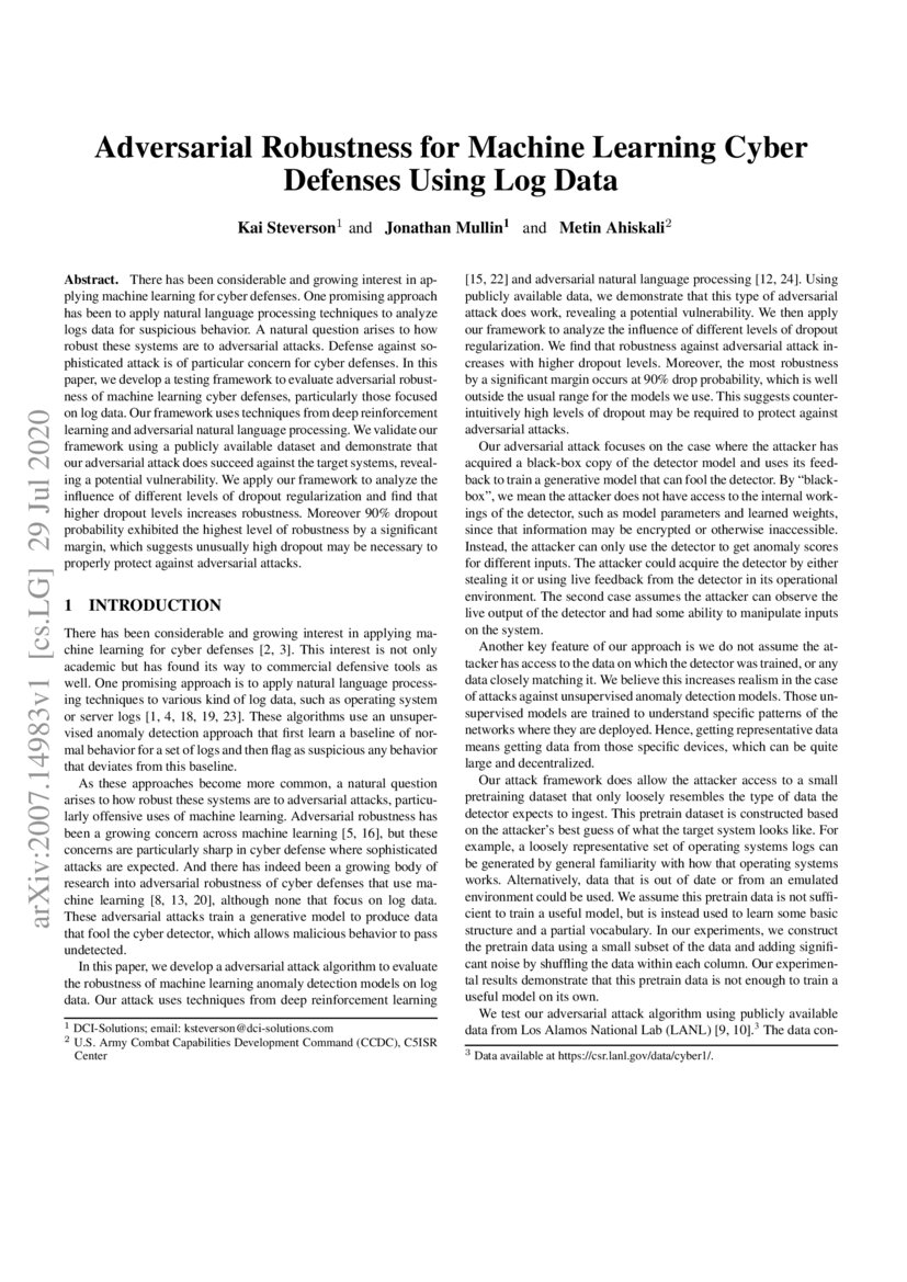 Adversarial Robustness for Machine Learning Cyber Defenses Using Log Data | DeepAI