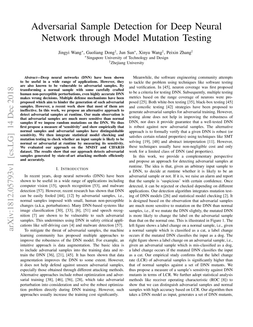 Adversarial Sample Detection For Deep Neural Network Through Model Mutation Testing Deepai