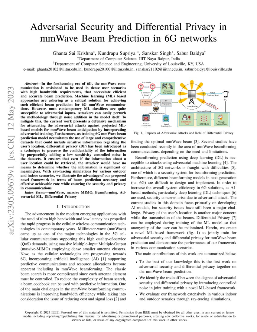 Adversarial Security and Differential Privacy in mmWave Beam Prediction in 6G networks | DeepAI