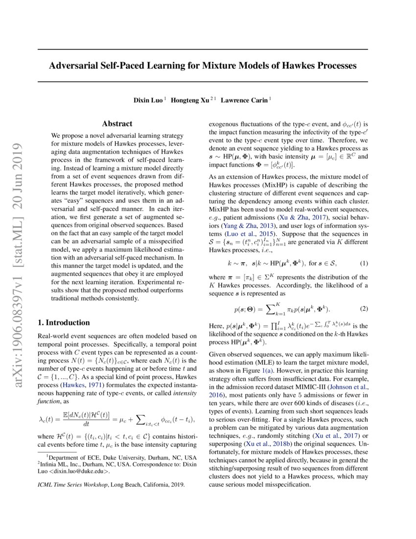 Adversarial Self-Paced Learning for Mixture Models of Hawkes Processes | DeepAI