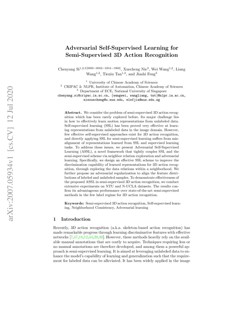 Adversarial Self-Supervised Learning for Semi-Supervised 3D Action Recognition | DeepAI