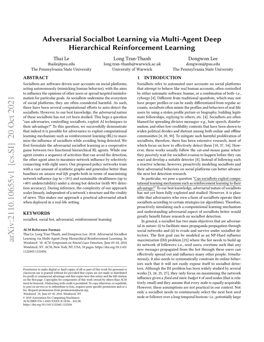 Adversarial Socialbot Learning via Multi-Agent Deep Hierarchical Reinforcement Learning | DeepAI