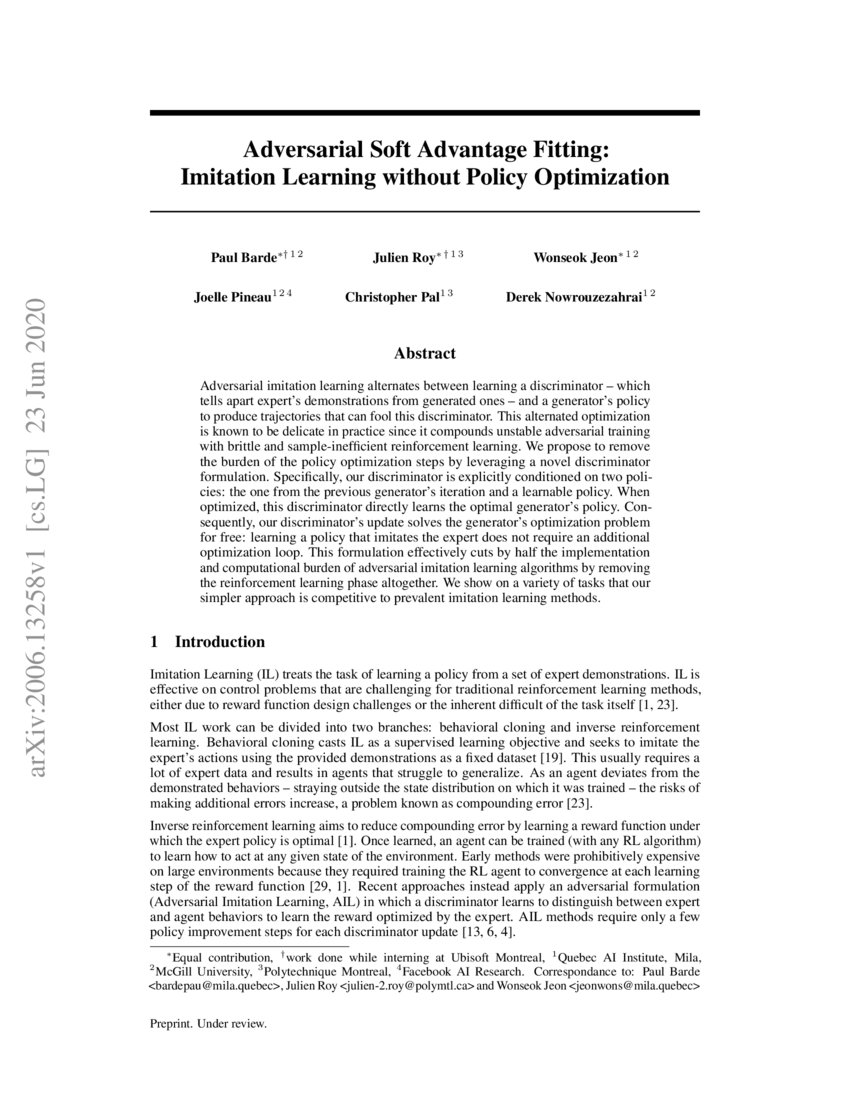 Adversarial Soft Advantage Fitting: Imitation Learning without Policy Optimization | DeepAI