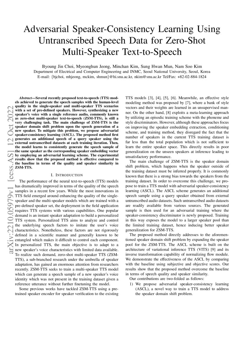 Adversarial Speaker-Consistency Learning Using Untranscribed Speech Data for Zero-Shot Multi ...